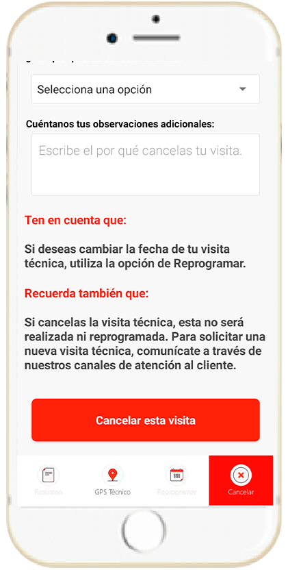 Reagenda o cancela tus visitas técnicas en App Mi Claro